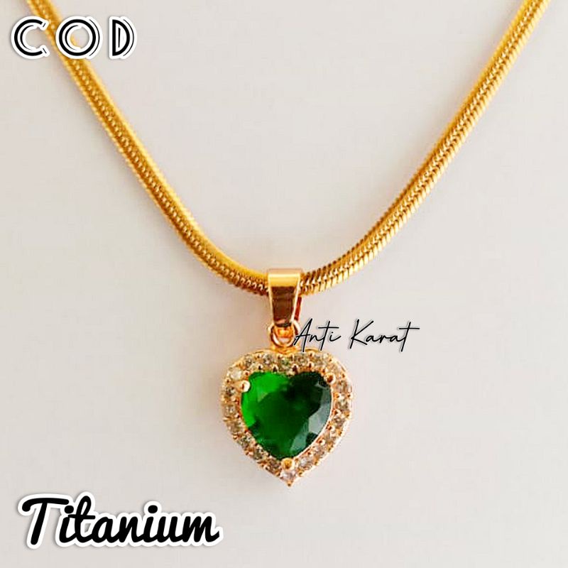 Jual Kalung Titanium Wanita Plus Liontin Love Permata Hijau Terbaru ...