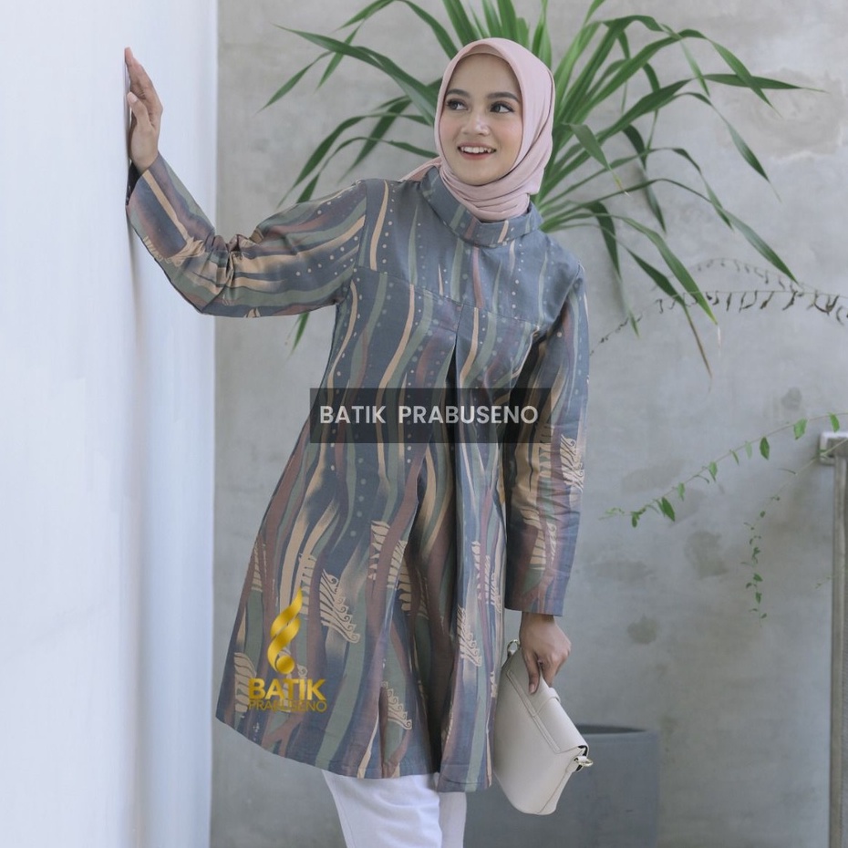 Jual Tunik Atasan Batik Wanita Motif Binar A Lengan Panjang Original Kemeja Elegan Kekinian