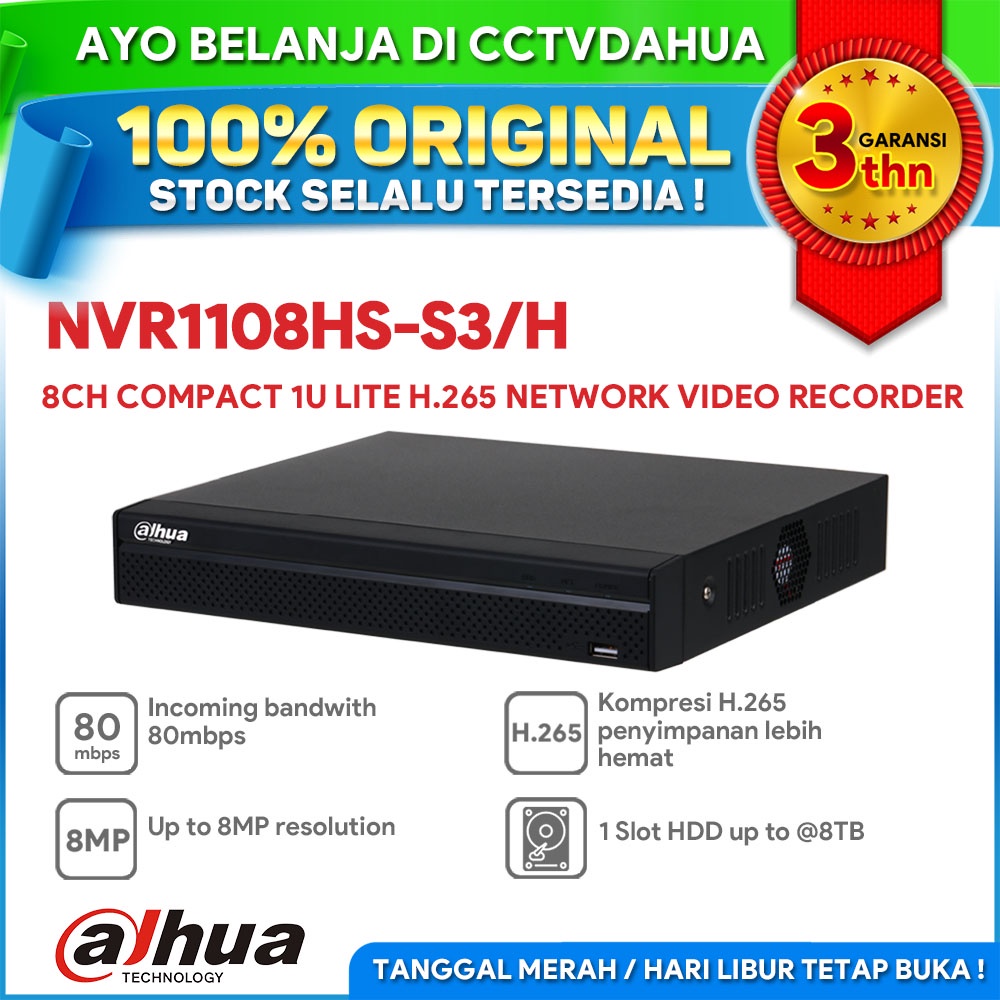 Jual DAHUA NVR1108HS-S3/H 8 CHANNEL COMPACT 1U LITE H.265 NVR GARANSI 3TH | Shopee Indonesia
