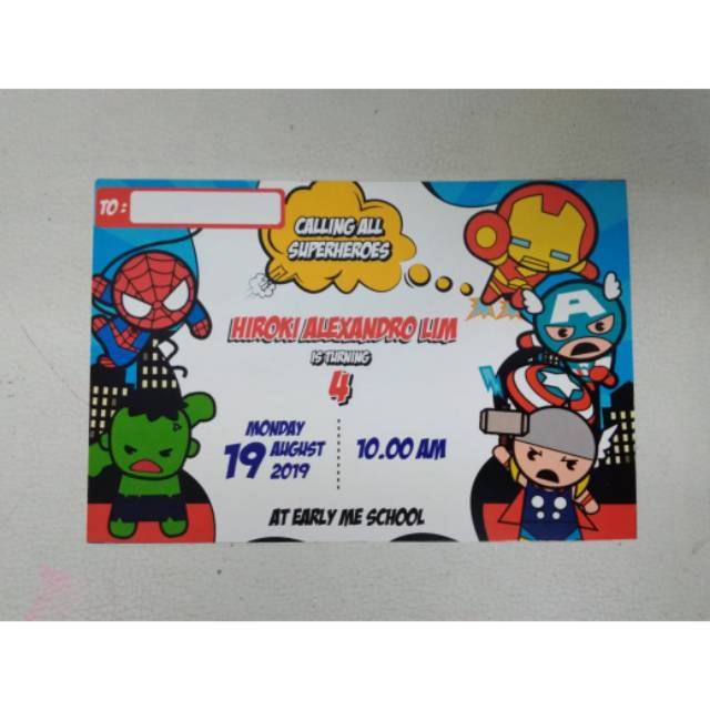 Jual Undangan ulang tahun ukuran postcard custom karakter avengers kids ...