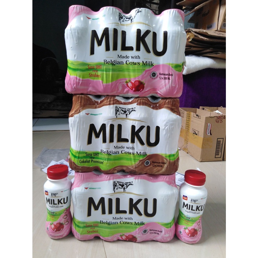 Jual MILKU SUSU STRAWBERRY/STROBERI UHT 200ML DUS ISI 12 BOTOL | Shopee ...
