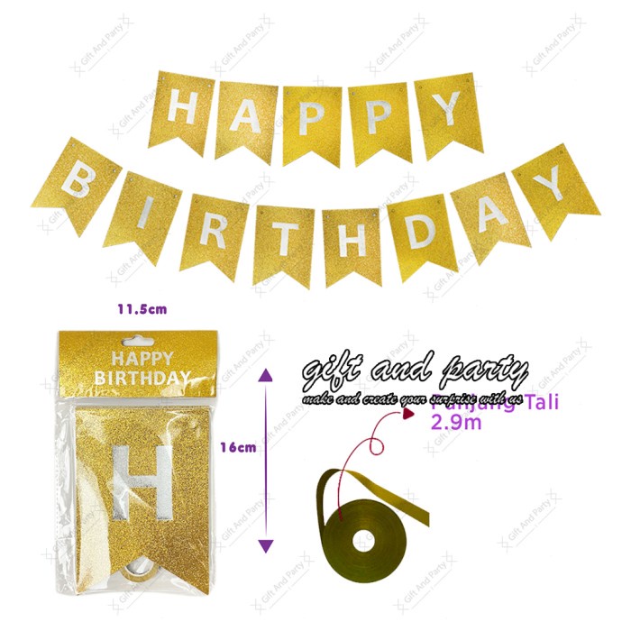 Jual Banner Happy Birthday Gold Glitter / Bunting Flag HBD / Party Flag ...