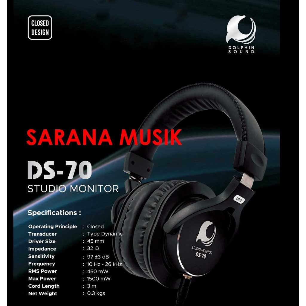 Jual Headphone Monitoring Dolphin Sound DS70 DS-70 Dynamic Closed ...
