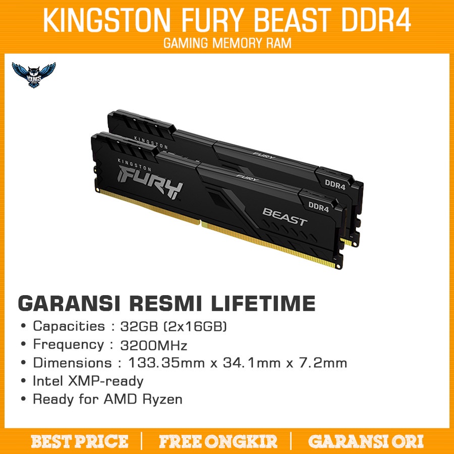 Jual Ram Kingston Fury Beast 32GB KIT 3200 (16GBx2) DDR4 Black PC 3200MHz | Shopee Indonesia