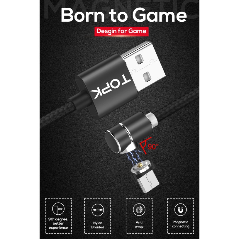 Jual TOPK LED Nylon Braided Magnetic Micro USB Cable Fast Charging L ...