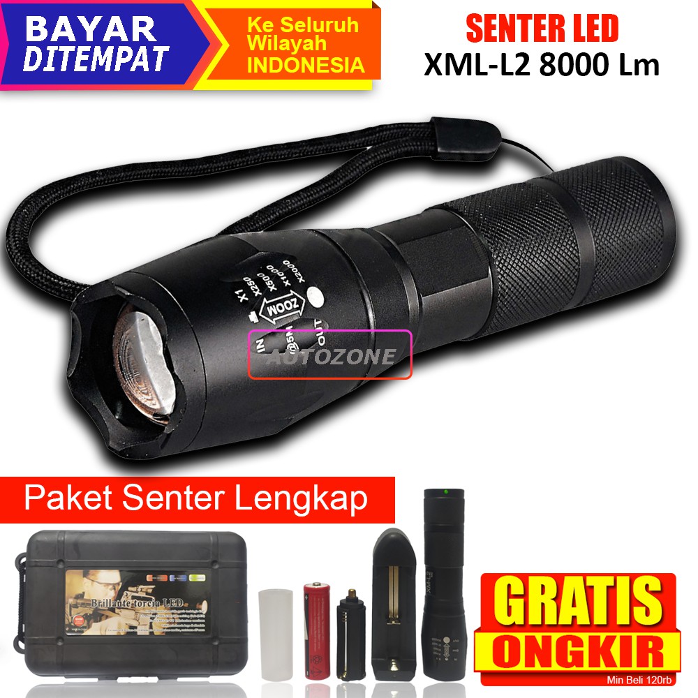 Jual Senter LED Super Terang Jarak Jauh CREE XM-L2 8000 Lumens Senter ...