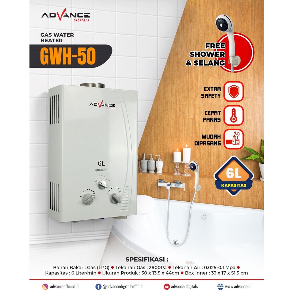 Jual Water Heater Gas Advance GWH 10 / 20 / 30 / 50 / 60 / 70 6L Pemanas Air Digital Gas Dan ...