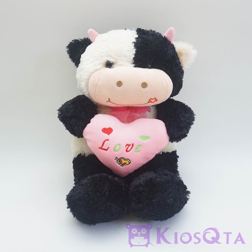 Jual Boneka sapi duduk sitting cow hitam putih bawa hati pink | Shopee ...