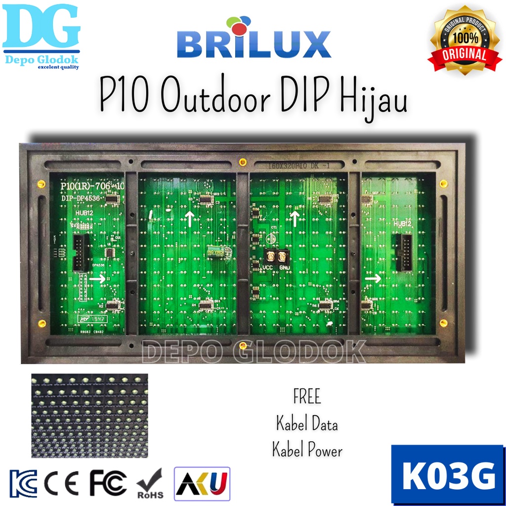 Jual LED PANEL MODUL RUNNING TEXT P10 OUTDOOR HIJAU DIP HUB 12 SINGLE ...