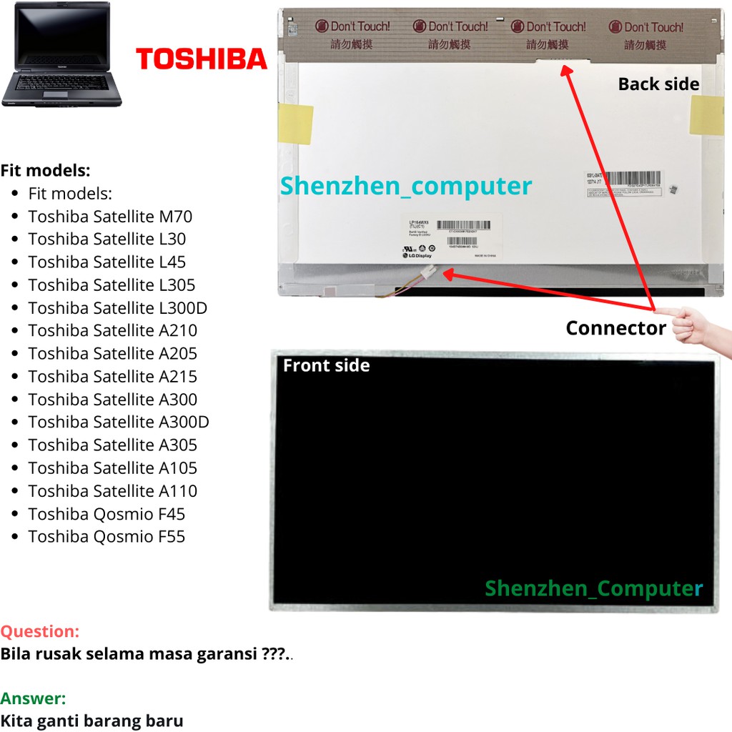 Jual Layar LCD Toshiba Satellite M70 L30 L45 L305 L300D A210 A205 A215 A300 A300D A305 A105 A110 ...