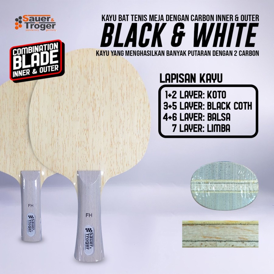Jual Kayu Bat Tenis Meja Pingpong Sauer & Troger Black & White ...