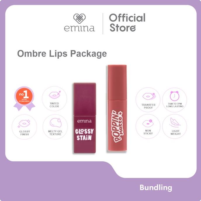 Jual Emina Ombre Lips Package - Poppin Matte Lip Cream dan Glossy Stain ...