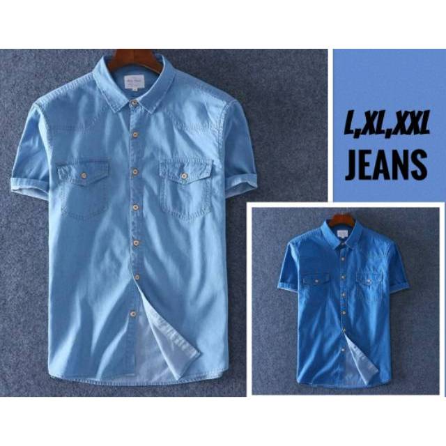 Jual Seven.cloth after kemeja jeans wash lengan pendek pakaian pria ...