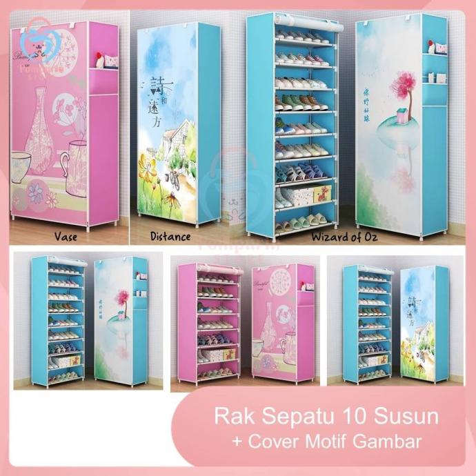 Jual Rak Sepatu 10 Susun + Cover Gambar 3D Keren - Shoes Rack With Dust ...