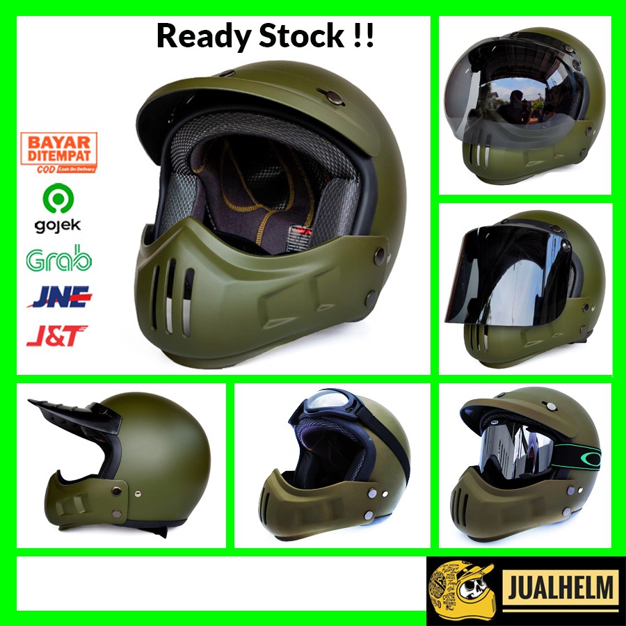 Jual Helm Cakil Modular Hijau Army Doff | Helm Retro | Full Face | Jual ...