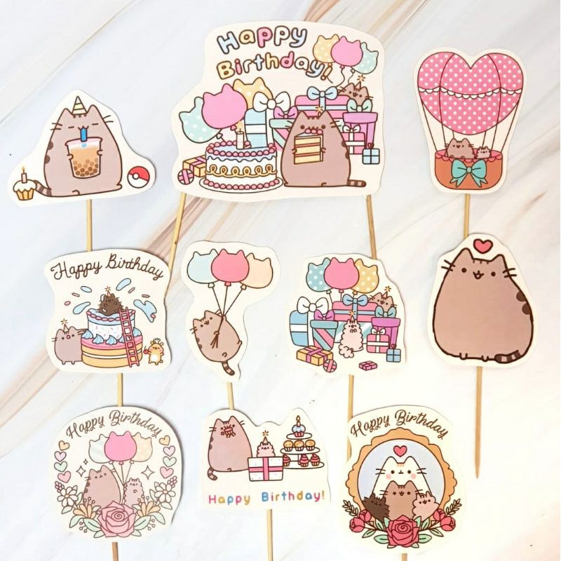 Jual Pusheen Cat Cake Topper Birthday set isi 10pc | Shopee Indonesia