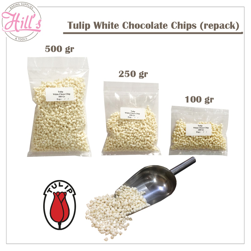 Jual PROMO MURAH !!! TULIP WHITE CHOCOLATE CHIPS 100 gr, 250 gr & 500 ...