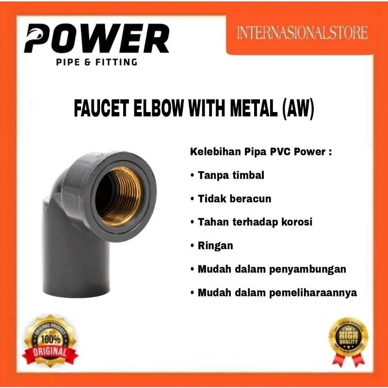 Jual Fitting Pipa PVC Power Faucet Elbow With Metal Insert 1/2" AW | Shopee Indonesia