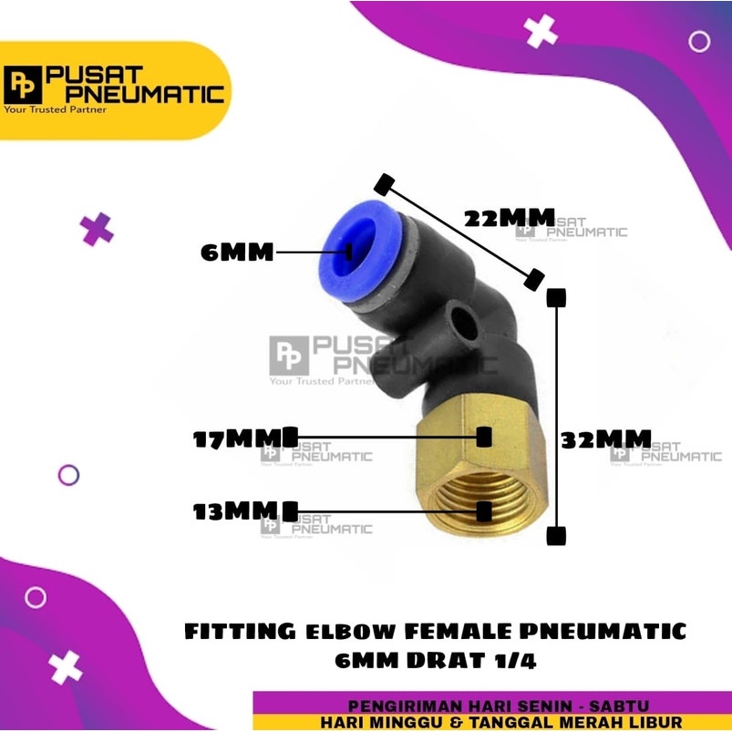 Jual PLF 6-02 FITTING ELBOW PNEUMATIC FEMALE SELANG 6MM DRAT 1/4" | Shopee Indonesia