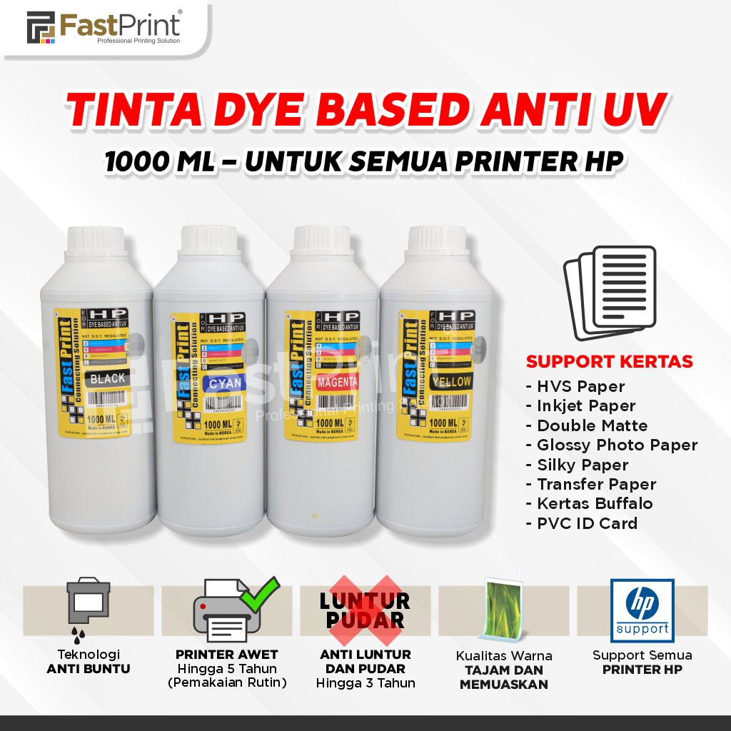 Jual Fast Print Tinta Dye Based Anti UV HP 1000 ML 1 Set 4 Warna ...