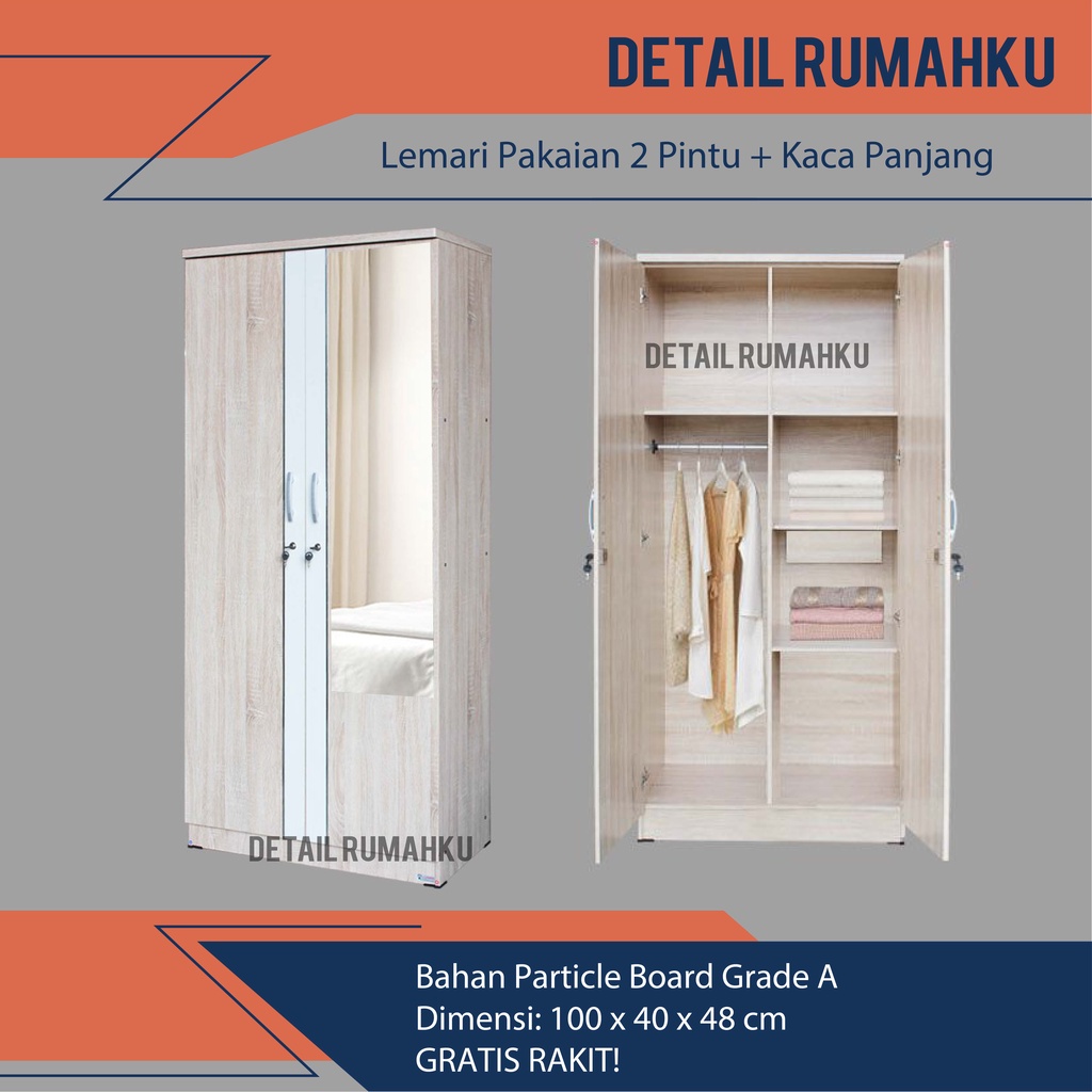 Jual Lemari Pakaian Minimalis 2 Pintu Termurah Oak Muda Kaca Panjang | Shopee Indonesia