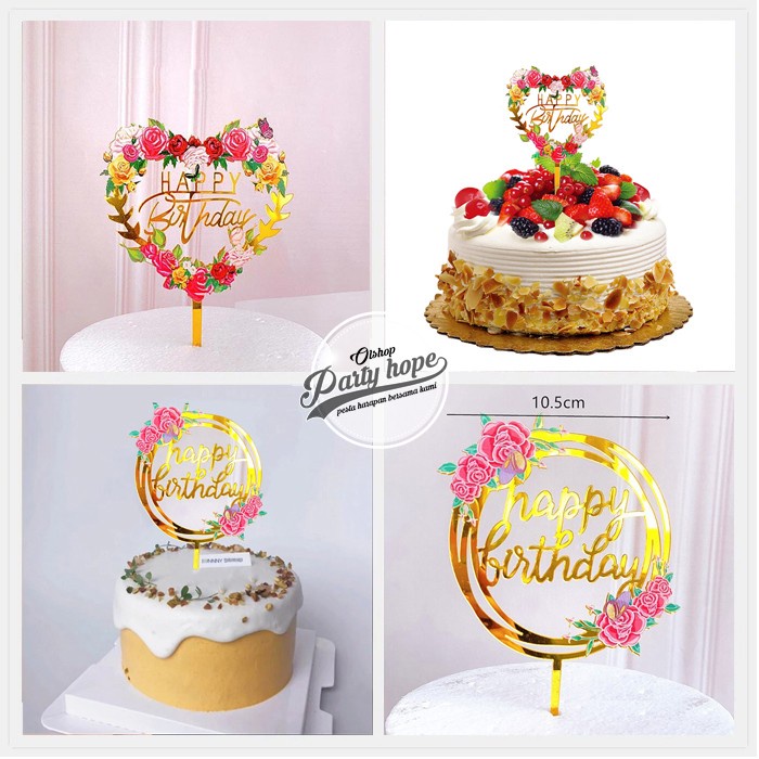 Jual Cake Topper hbd Bunga / Hiasan Kue Acrylic HBD Bunga / toper kue HBD | Shopee Indonesia