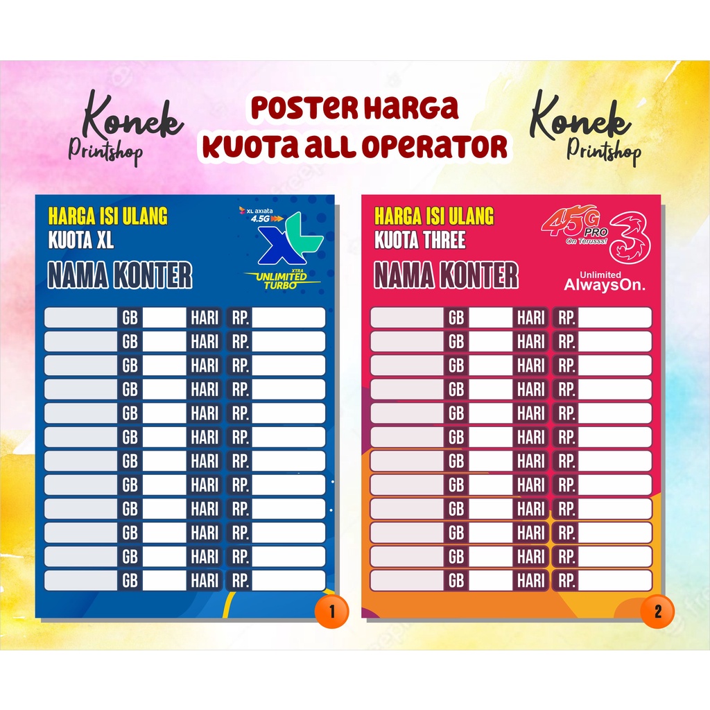 Jual Poster Konter Daftar Harga Kuota dan Paket Data (Edisi Portrait ...