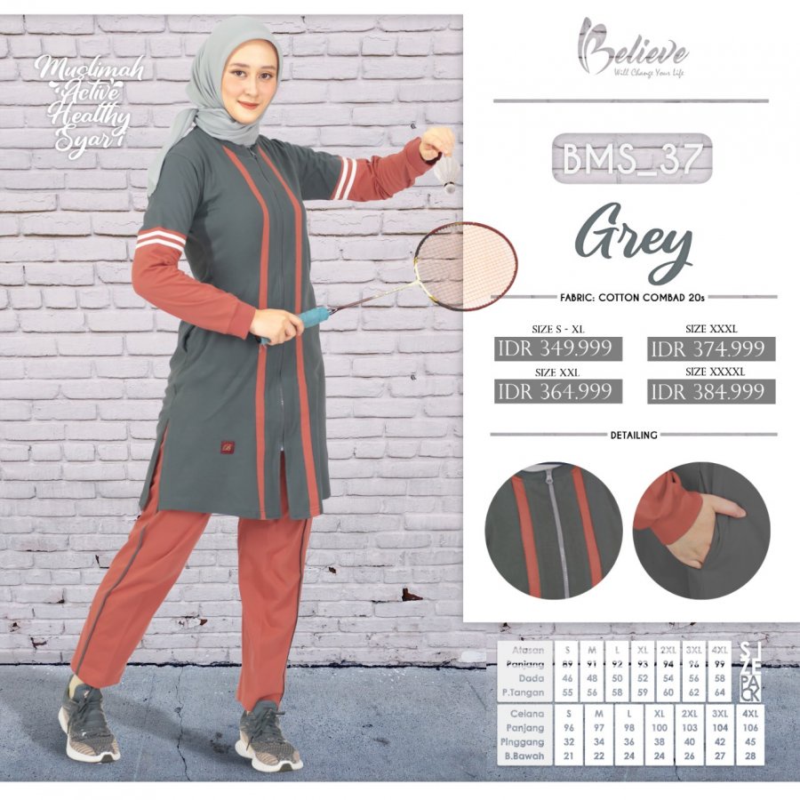 Jual baju olahraga wanita muslimah BMS 37 by Believe Sport (GREY) | Shopee Indonesia