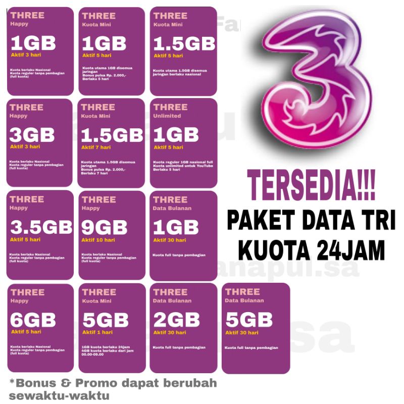 Jual KUOTA THREE TRI 3 TANPA PEMBAGIAN 24 JAM LANGSUNG MASUK | Shopee Indonesia