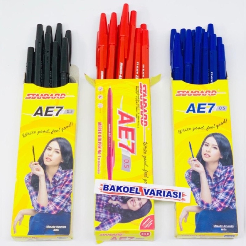 Jual (1 pack )Pulpen Standart AE7 Bolpoint Bulpen Hitam, Merah, Biru ORI | Shopee Indonesia
