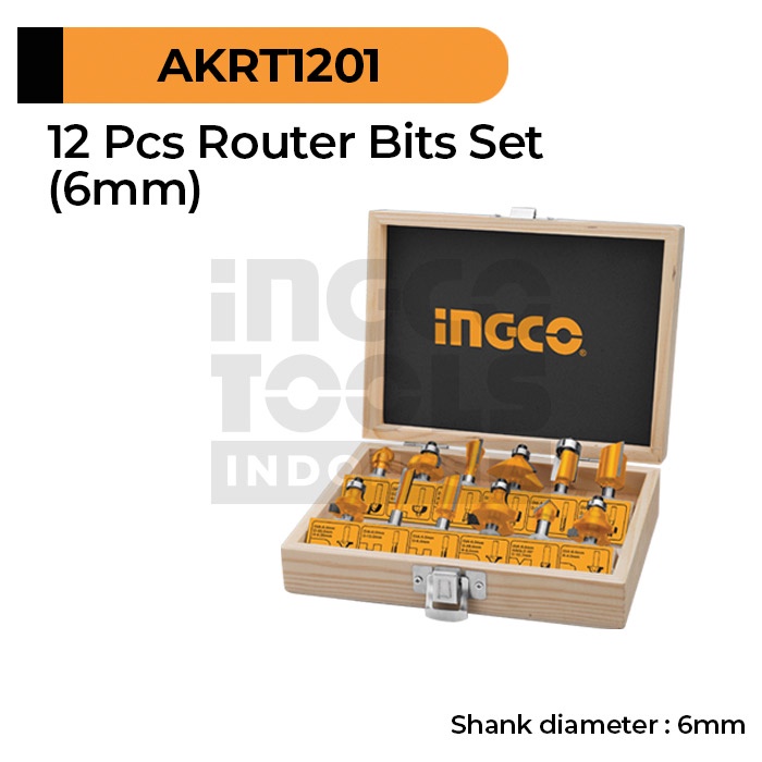 Jual 12-Pcs Router Bits (6mm) INGCO AKRT1201 Mata Mesin Router Profil ...