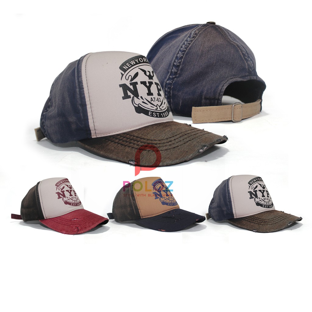 Jual Topi Baseball snapback NYPD warna usang retno NY jean sobek topi denim topi distro topi ...
