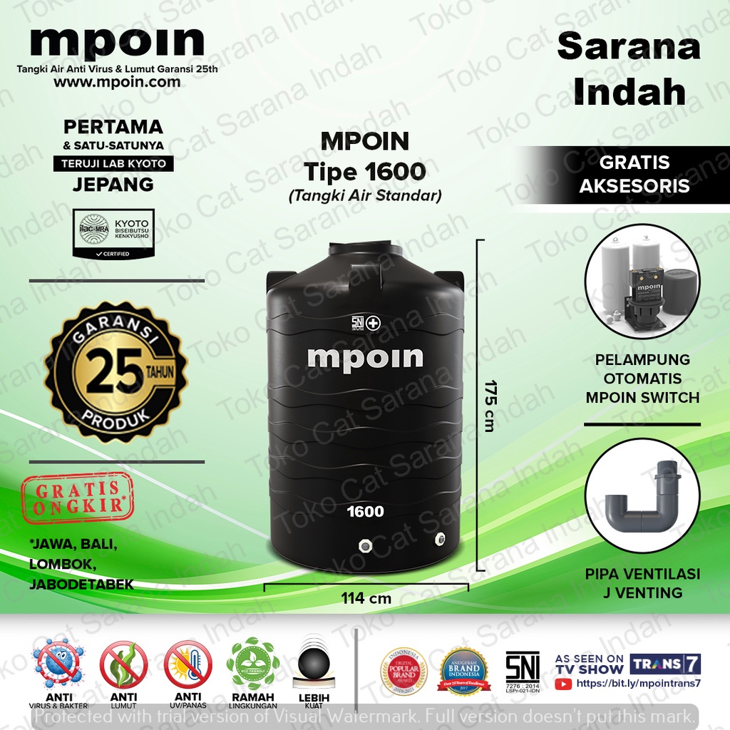 Jual TOREN AIR MPOIN W1600 1600L WAVE WATER TANK TOREN TANDON HITAM ...