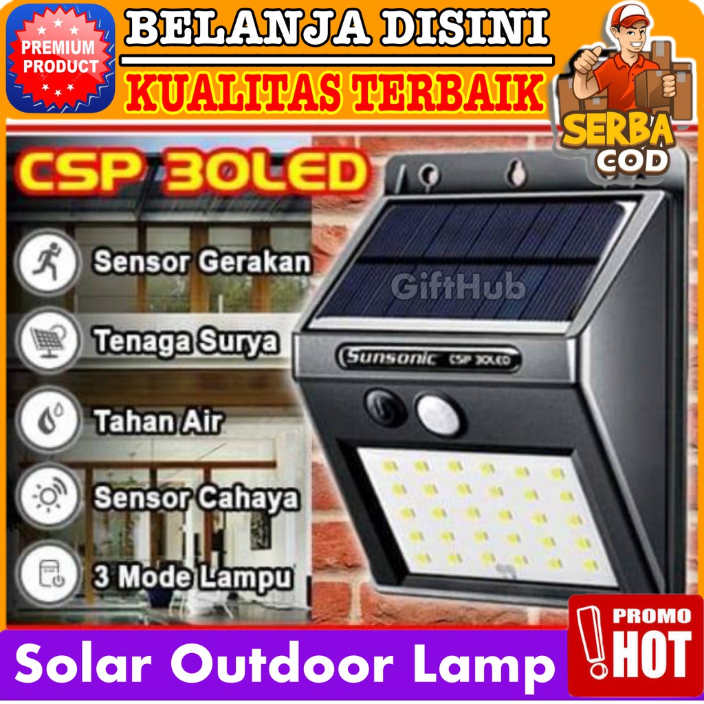Jual Lampu LED Sensor Gerak Cahaya Matahari Solar Powered LED Wall Light ( CSP 30 LED ) 3 Mode ...