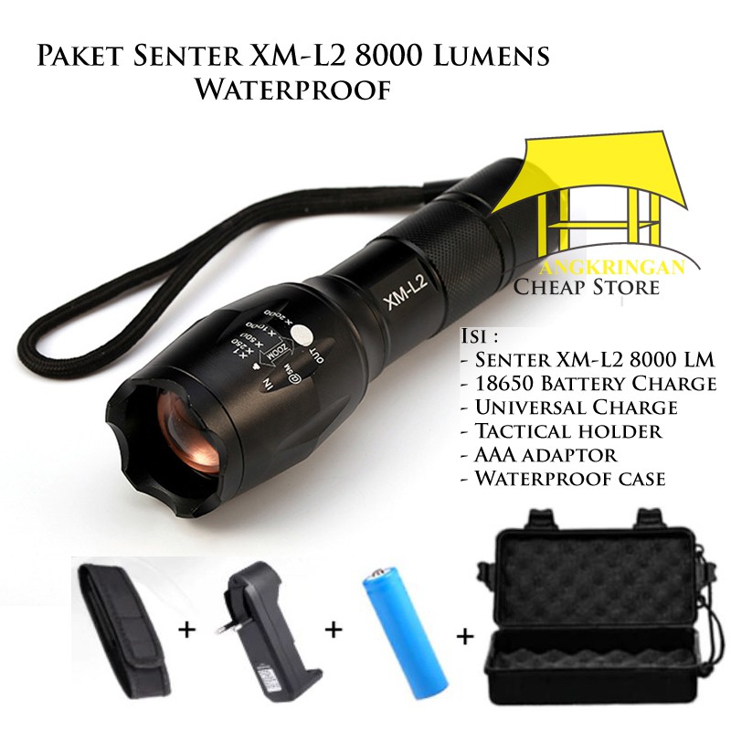 Jual Paket Komplit Senter LED Tactical XM-L2 8000 Lumens Waterproof ...