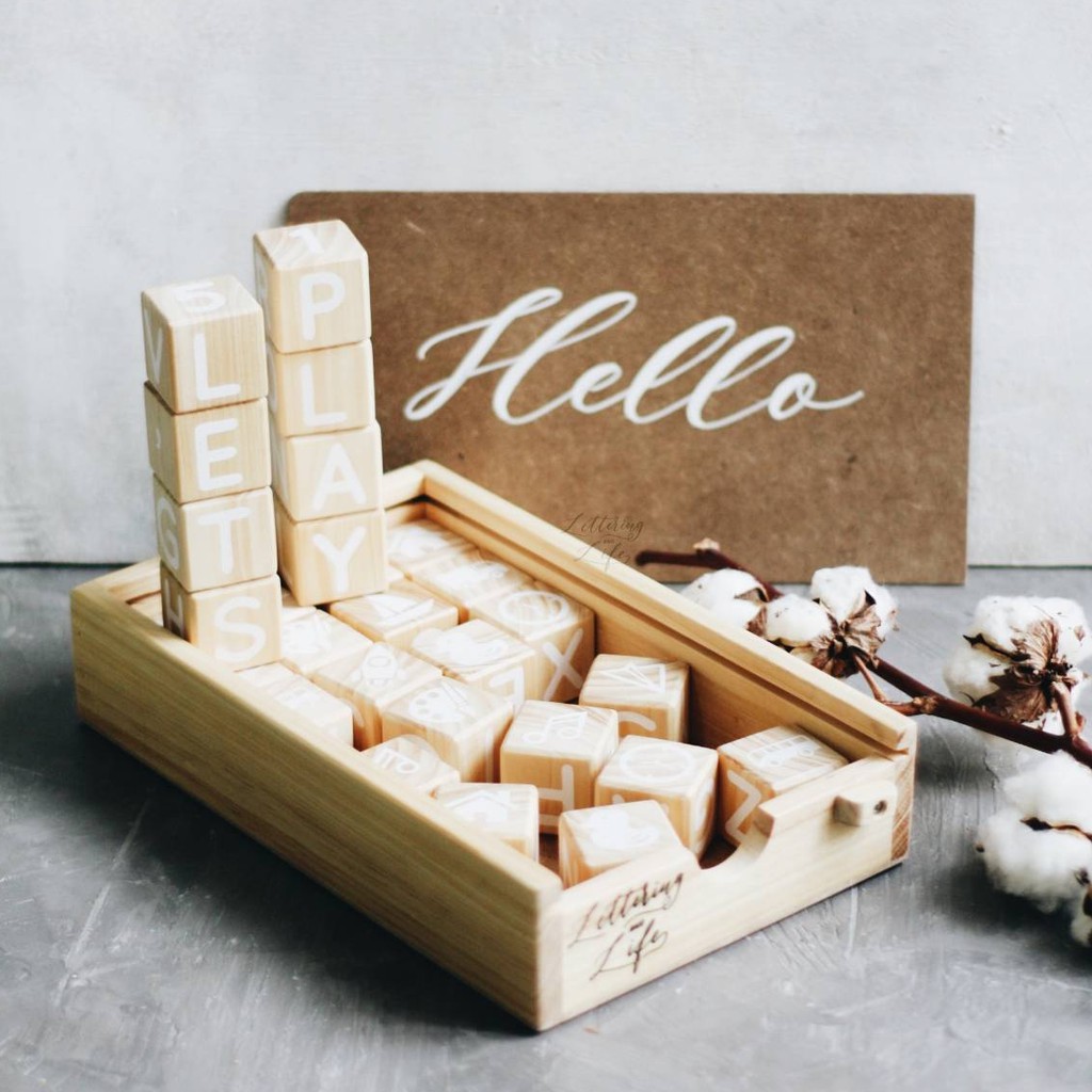 Jual Lettering and Life WHITE Alphabet and Number Wooden Blocks Balok ...