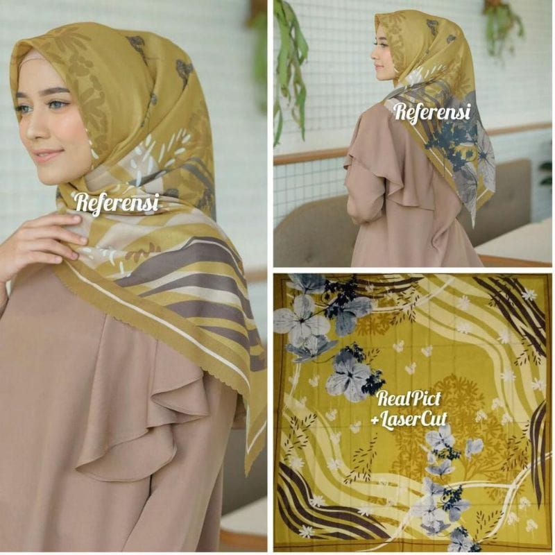 Jual Kerudung segi empat motif azria kuning/motif bunga/hijab voal premium laser cut | Shopee ...