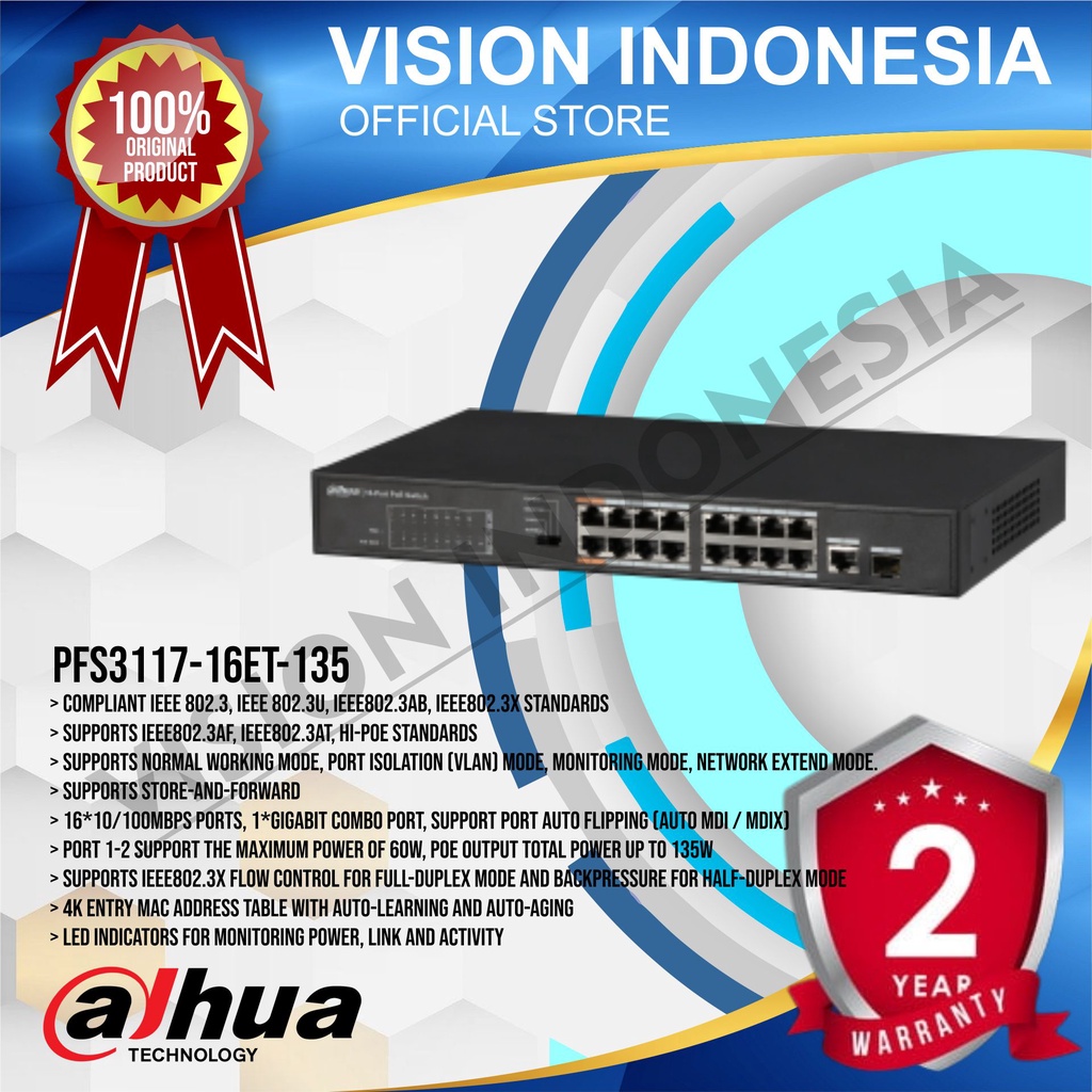 Jual DAHUA PFS3117-16ET-135 16-Port FE PoE+ 1-Port Gigabit Combo PoE ...