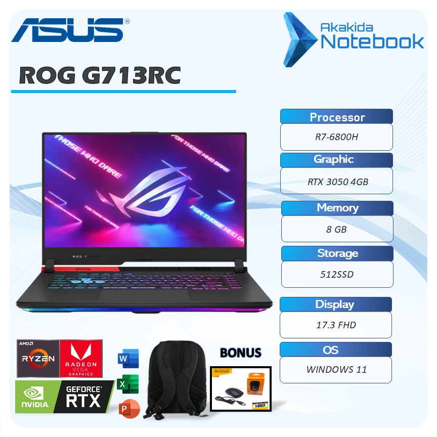 Jual ASUS ROG STRIX G713RC RTX3050 4GB RYZEN 7 6800H 8GB 512SSD W11+OHS ...