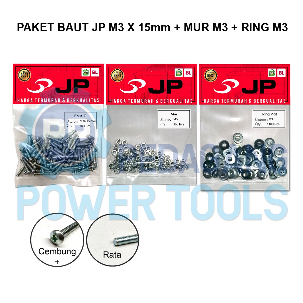 Jual PAKET 3 SET JP M 3x15 BAUT MUR RING PLAT M 3 x 15 MUR M3 ISI 100 ...