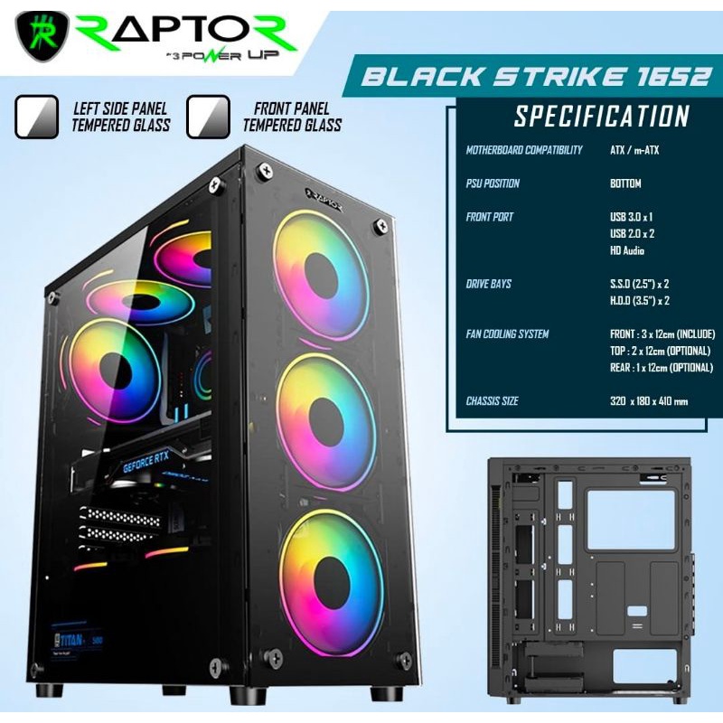 Jual CASING RAPTOR BLACK STRIKE 1652 BLACK FREE 3 FAN RGB ATX GAMING ...