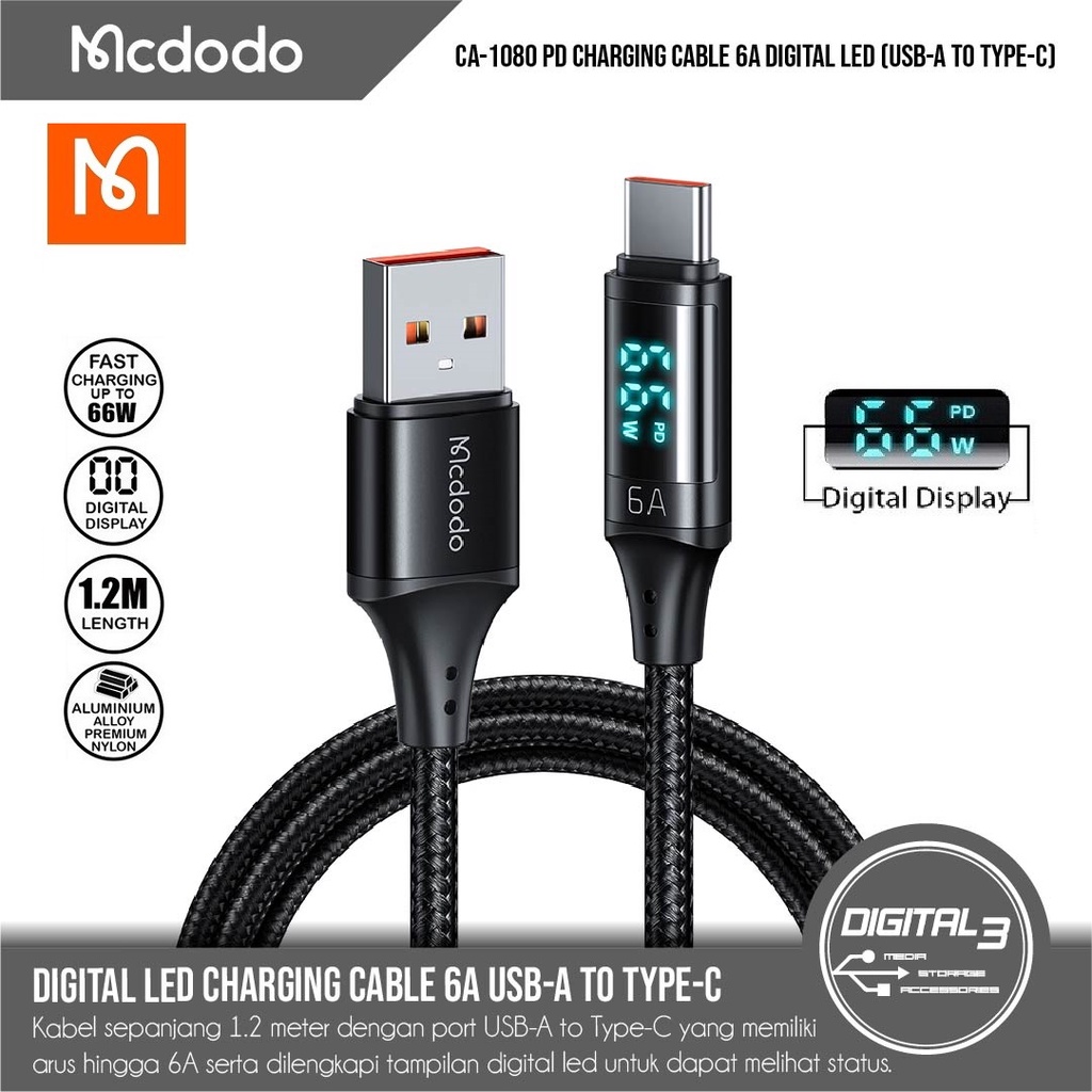 Jual Kabel Data Mcdodo CA-1080 USB to Type C Digital LED Cable 6A 66W 1.2M | Shopee Indonesia