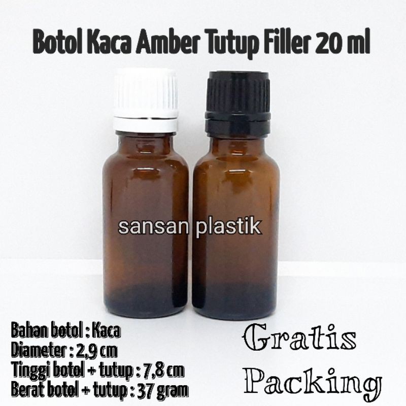 Jual Botol kaca 20 ml amber tutup dan filler / Botol kaca 20ml Coklat ...