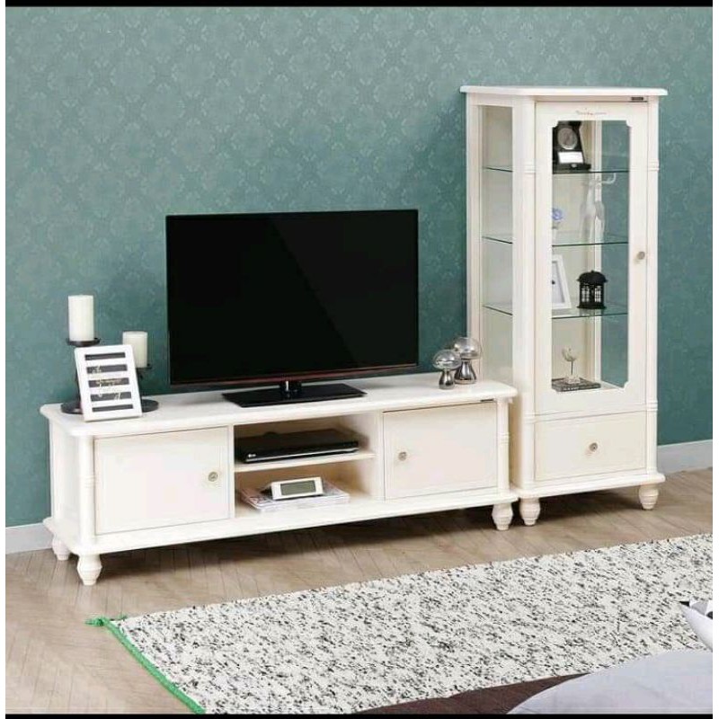 Jual meja tv set almari hias minimalis duco putih kaca modern mewah ...