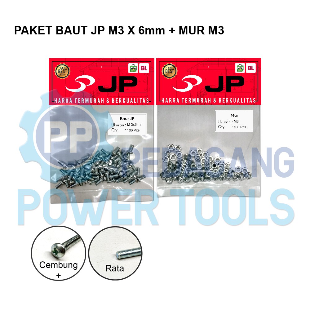 Jual PAKET 2 SET BAUT MUR 3x6 BAUT JP M 3 x 6 MM MUR M3 SKRUP ISI 100 PCS | Shopee Indonesia
