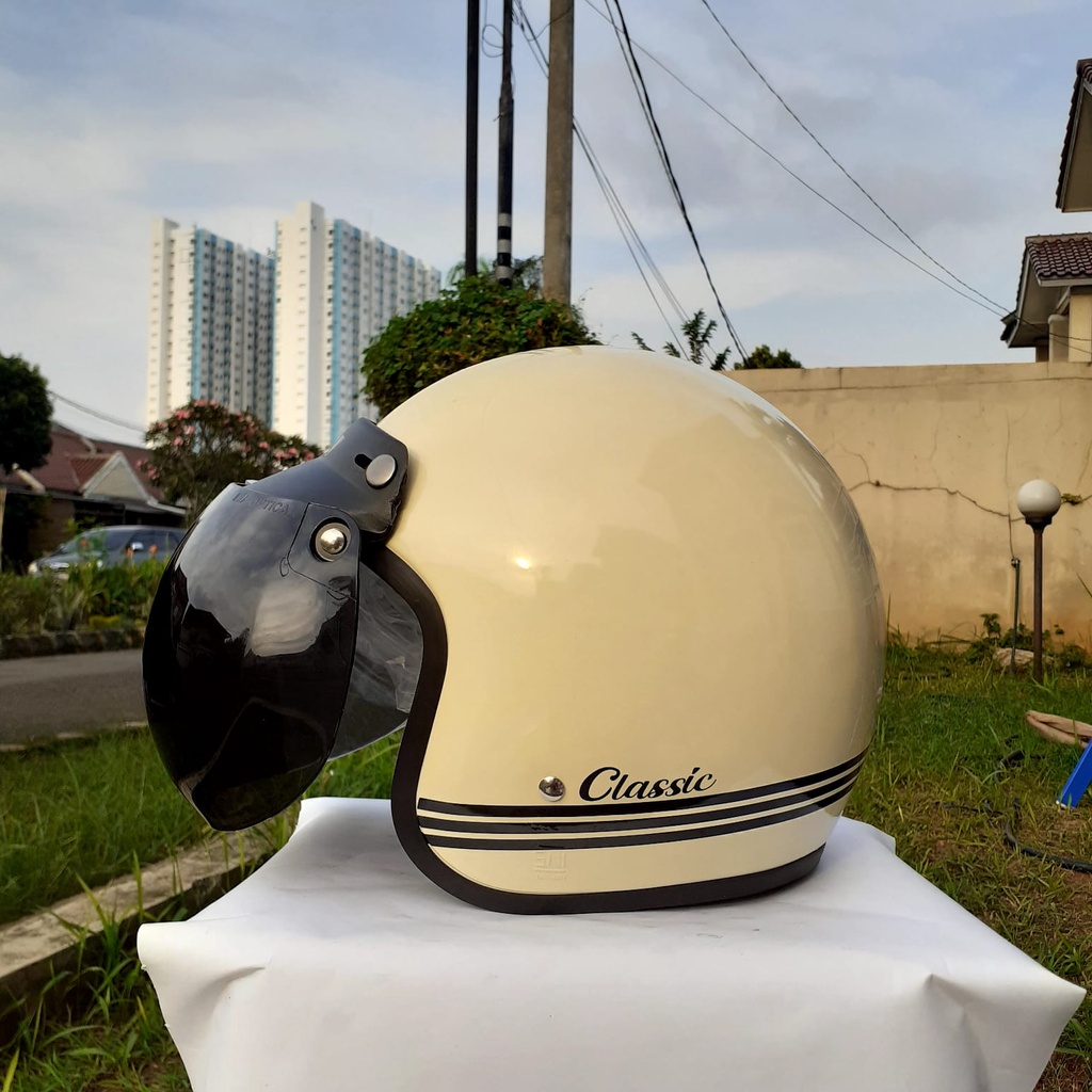 Jual HELM BOGO CLASSIK GARIS TIGA KACA DATAR HELM BOGO DEWASA PRIA DAN ...