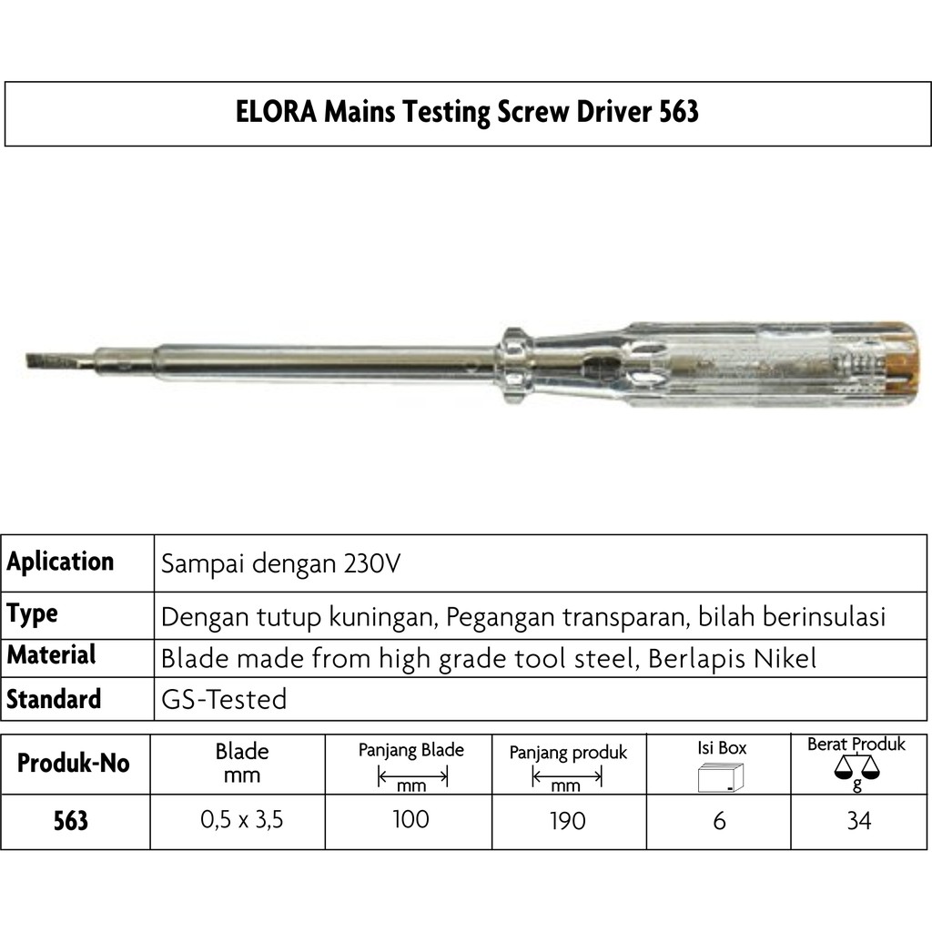 Jual ELORA Mains Setting Screw Driver 563 dan ELORA VDE Voltage Tester ...