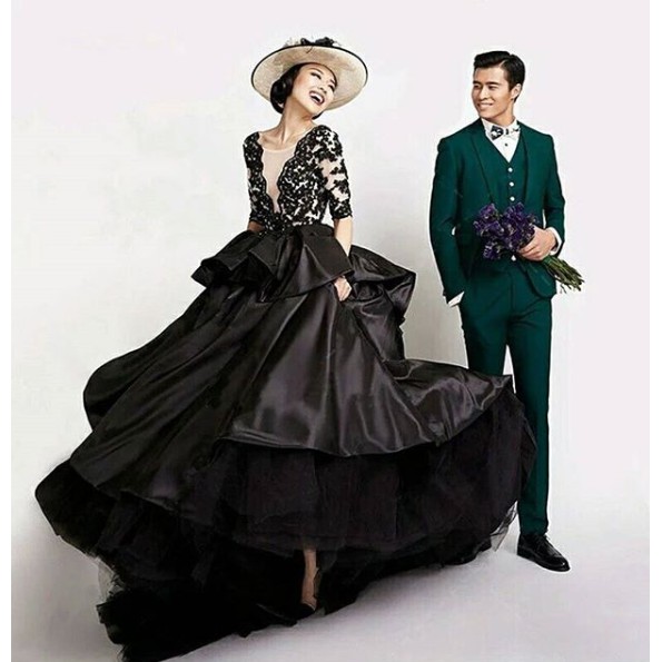 Jual gaun wedding hitam ekor panjang/gaun pengantin,nikah | Shopee ...