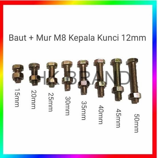 Jual BAUT MUR HEX KUNING M8 X 15 MM SAMPAI M8 X 60 MM ( KEPALA KUNCI 12 ) - 15mm | Shopee Indonesia