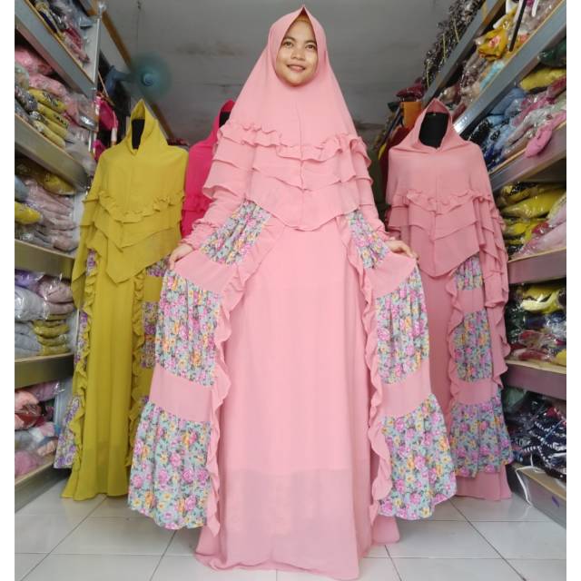 Jual SET GAMIS SYARI BAJU MUSLIM HARIAN SIMPLE CERUTY MOTIF PRINTING BUNGA BUSUI KHIMAR PET ORI ...
